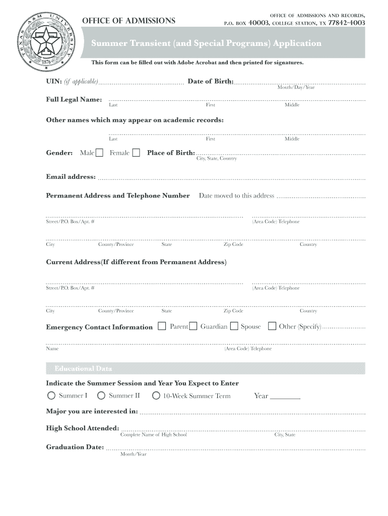 Fillable Online admissions tamu Summer Transient and Special Programs ...