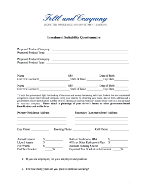 Fillable Online Investment Suitability Questionnaire - Feltl and ...