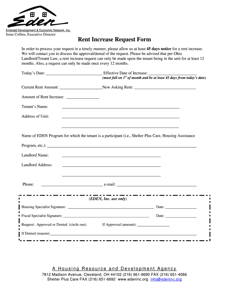 Fillable Online edeninc Rent increase request form - original Fax Email ...