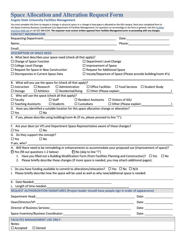 Fillable Online Angelo Space Allocation And Alteration Request Form Fax Email Print Pdffiller