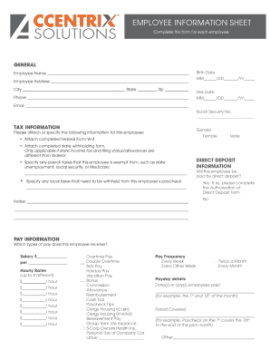 Fillable Online EMPLOYEE INFORMATION SHEET - Accentrix Solutions Fax ...