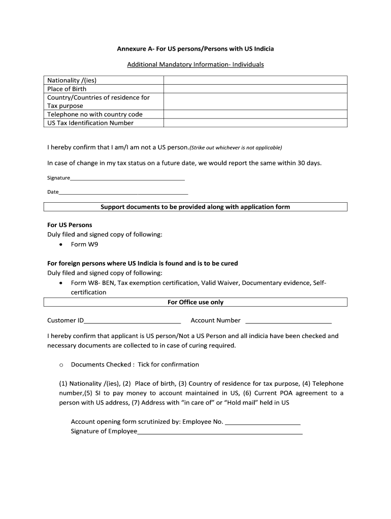 Fillable Online Annexure A- For US personsPersons with US Indicia Fax ...