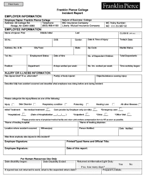 Fillable Online eraven franklinpierce First Report Of Injury ...