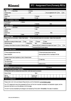 Fillable Online STC - Assignment Form Formerly RECs - Rinnai Australia ...