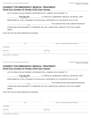 Fillable Online CONSENT FOR EMERGENCY MEDICAL TREATMENT- Child Fax Email Print - pdfFiller
