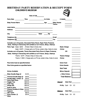 Fillable Online BIRTHDAY PARTY RESERVATION RECEIPT FORM Fax Email Print ...