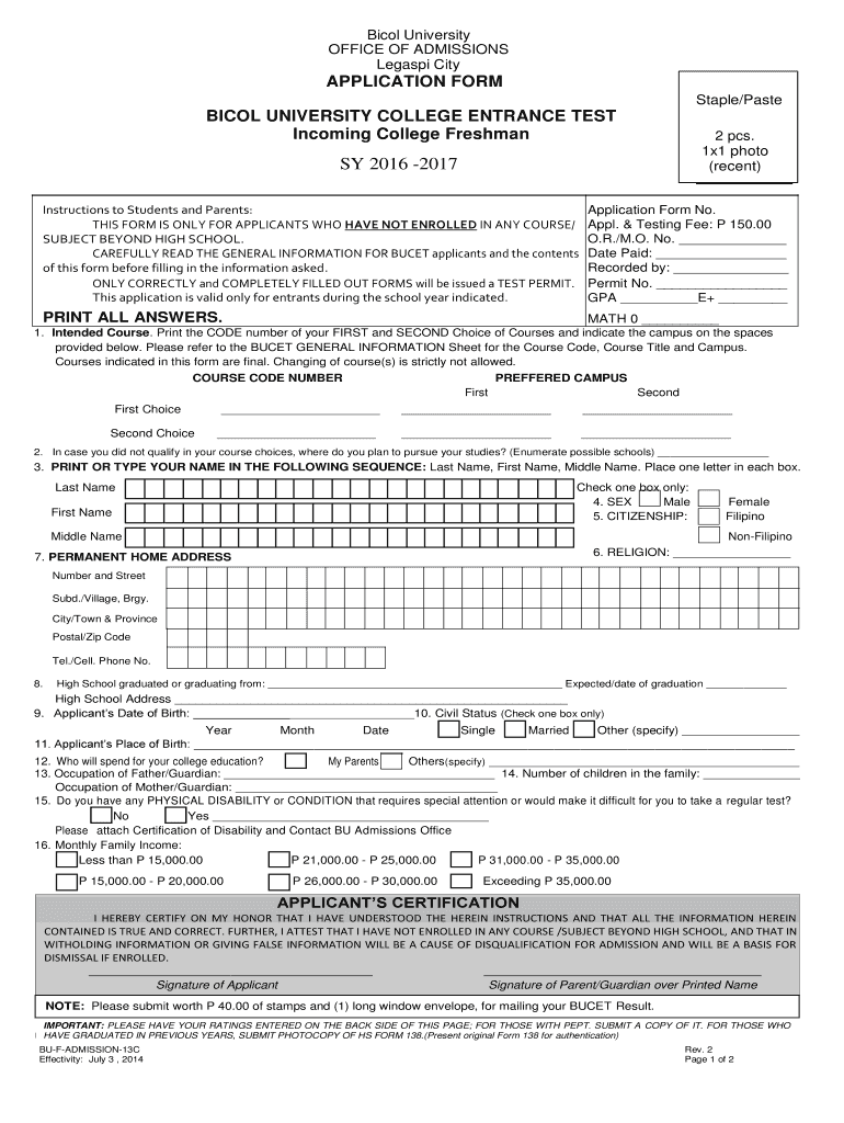 Fillable Online incoming freshmen college 2016 2017 in bicol form Fax ...