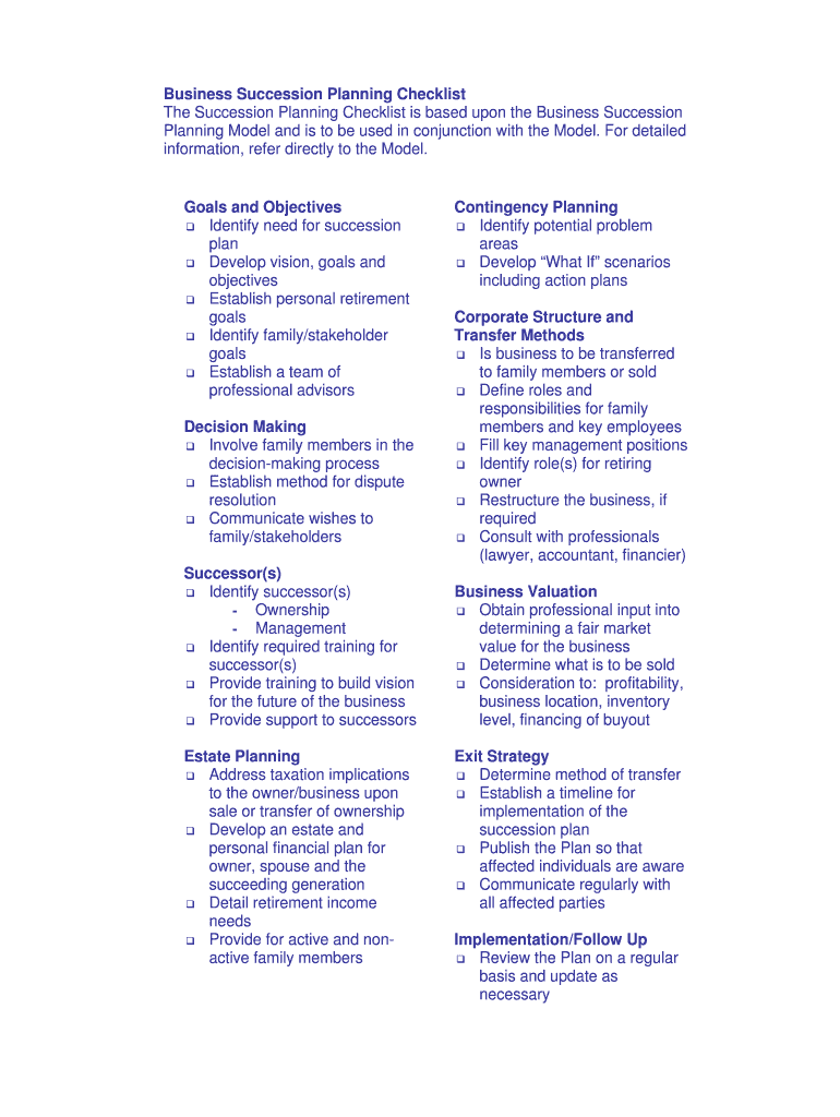 Fillable Online The Succession Planning Checklist is based upon the ...