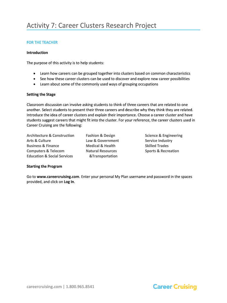 Fillable Online Activity 7: Career Clusters Research Project Fax Email ...