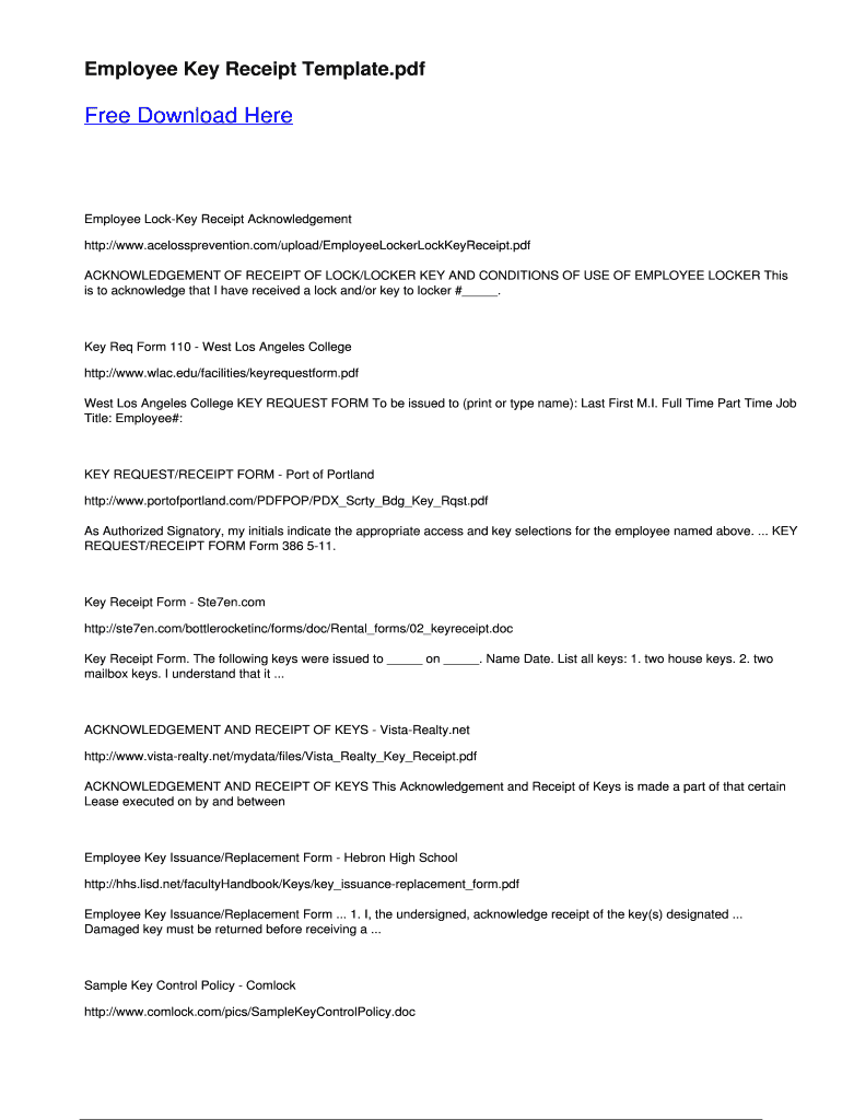 Fillable Online Employee Key Receipt Template Fax Email Print - pdfFiller