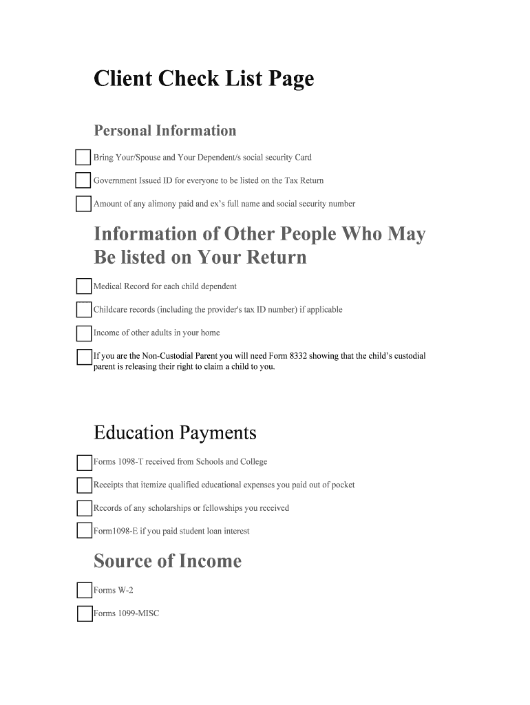 Fillable Online Client Check List - PROFESSIONAL TAX BOOKKEEPING ...