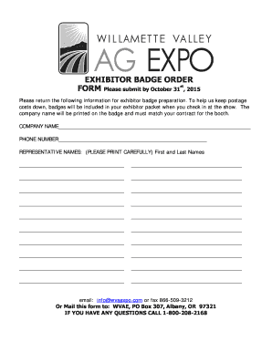 Fillable Online EXHIBITOR BADGE ORDER FORM - Willamette Valley AG Expo ...