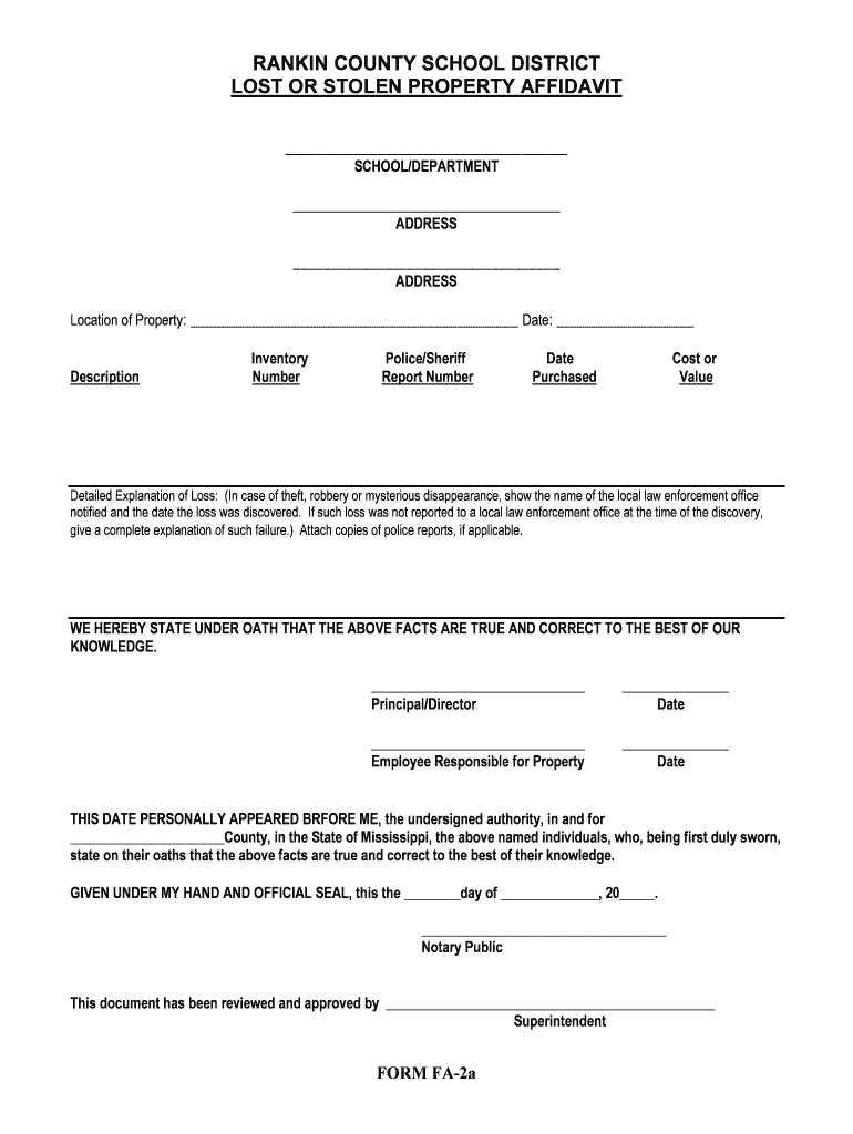 Fillable Online rankin schoolwires LOST OR STOLEN PROPERTY AFFIDAVIT ...