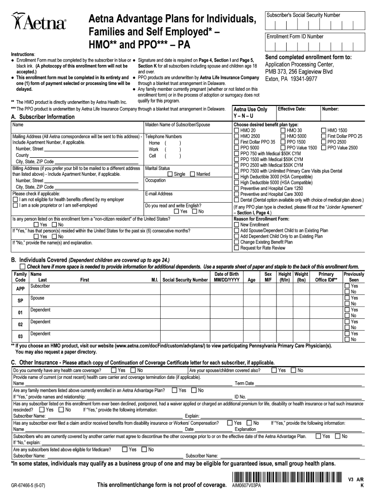 Fillable Online Aetna Advantage Plans for Individuals HMO and PPO PA ...