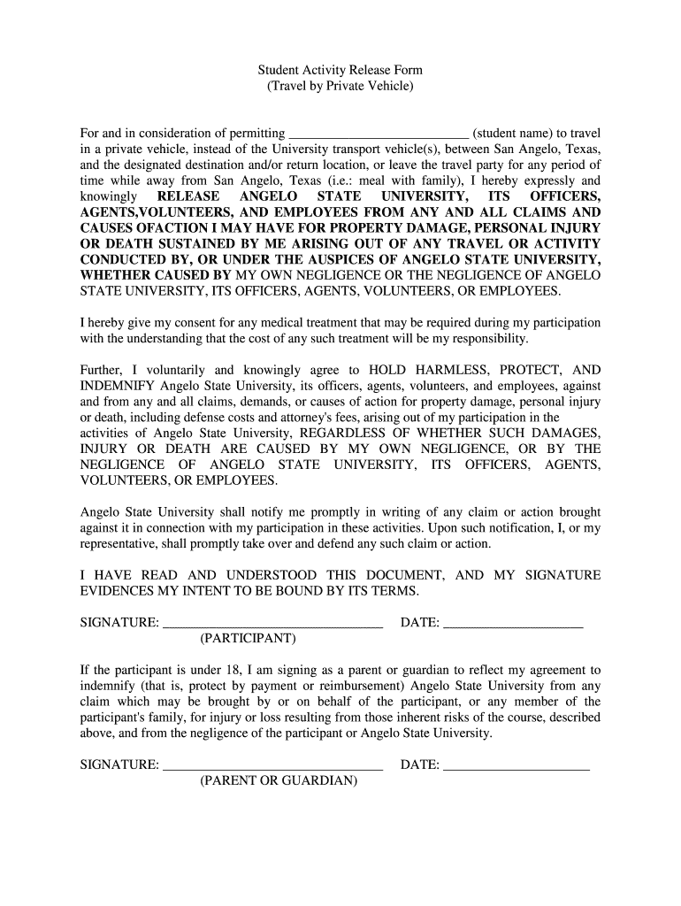 Fillable Online angelo 19349-student-activity-release-form Fax Email ...