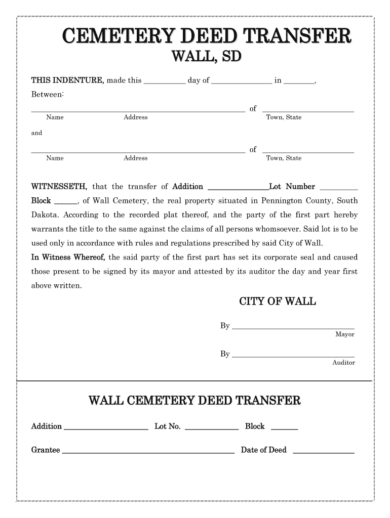 Fillable Online wallsd WALL CEMETERY DEED - wallsd Fax Email Print ...