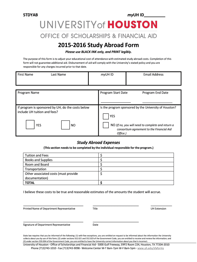 Fillable Online ssl uh 2015-2016 Study Abroad Form - University of Houston Fax Email Print ...