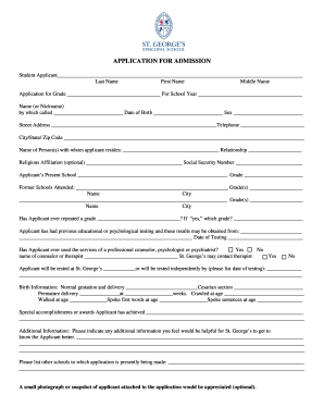 Fillable Online APPLICATION FOR ADMISSION Student Applicant Last Name ...