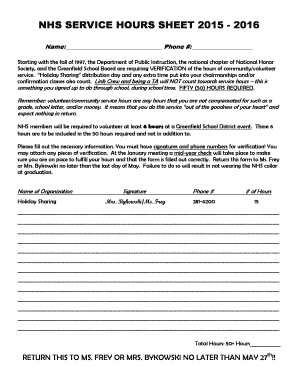 Fillable Online greenfield gfhs schooldesk NHS SERVICE HOURS SHEET ...