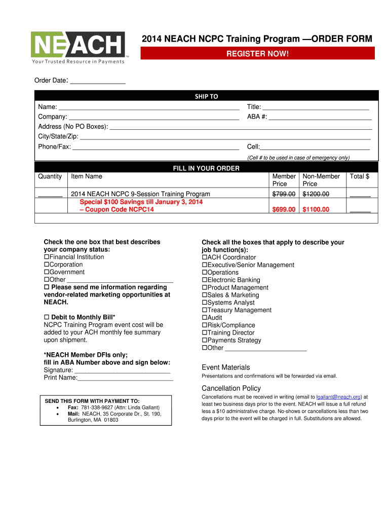 Fillable Online neach 2014 NEACH NCPC Training Order Form Fax Email Print - pdfFiller