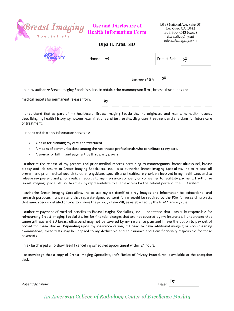 Fillable Online Use and Disclosure of Health Information Form Fax Email ...