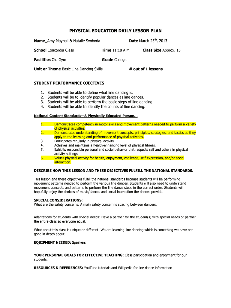 Fillable Online PHYSICAL EDUCATION DAILY LESSON PLAN Fax Email Print ...