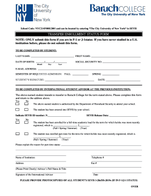 Fillable Online baruch cuny TRANSFER ENROLLMENT STATUS FORM - baruchcunyedu - baruch cuny Fax ...