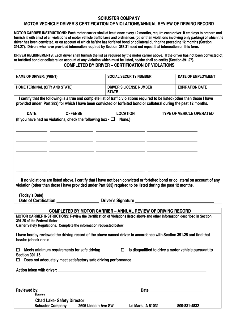 Fillable Online SCHUSTER COMPANY MOTOR VECHICLE DRIVERS CERTIFICATION ...