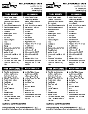 Fillable Online WISH LIST FOR HOMELESS GUESTS Fax Email Print - pdfFiller