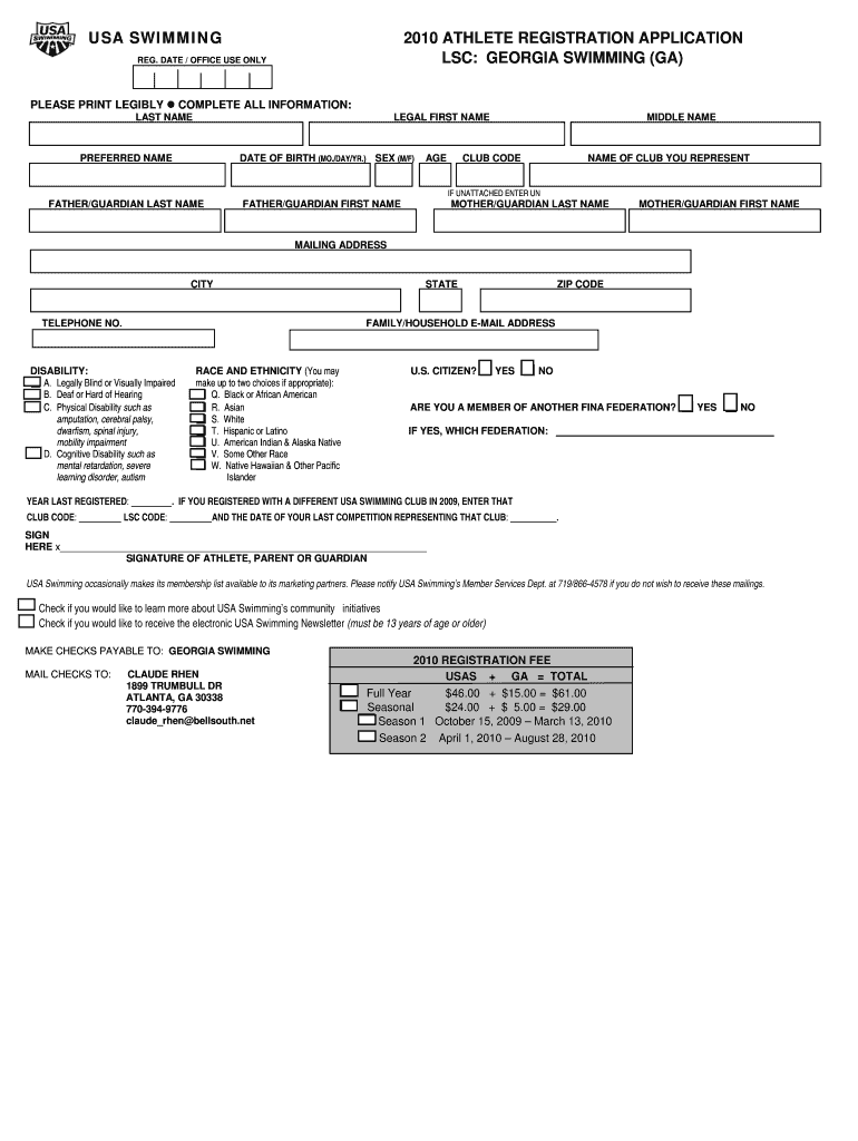 Fillable Online valdostaymca USA SWIMMING 2010 ATHLETE REGISTRATION ...