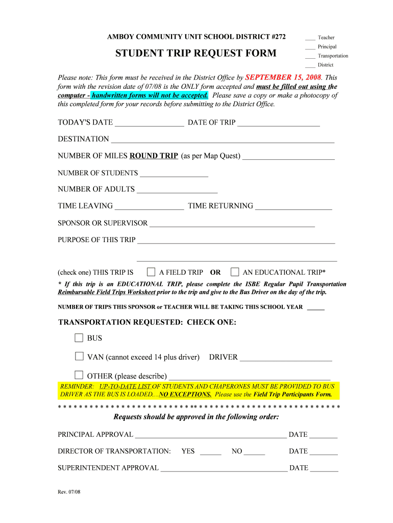 Fillable Online Principal STUDENT TRIP REQUEST FORM Transportation Fax ...