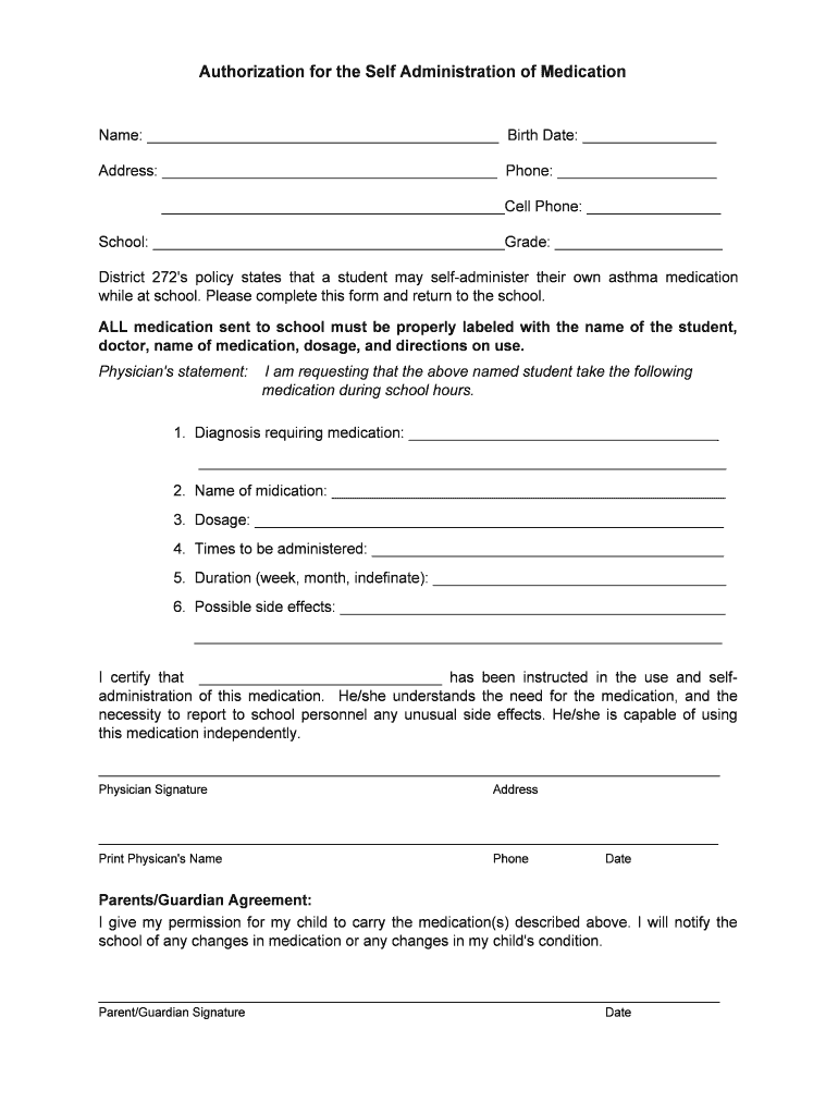 Fillable Online Authorization for the Self Administration of Medication ...