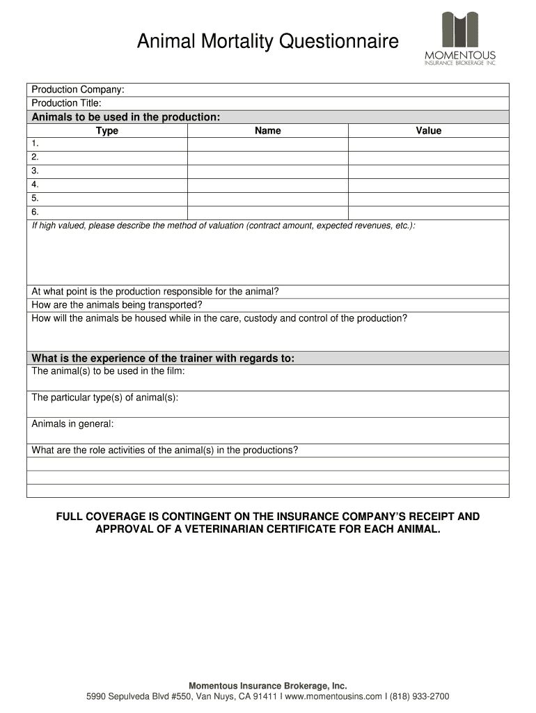 Fillable Online Animal Mortality Questionnaire Fax Email Print - pdfFiller