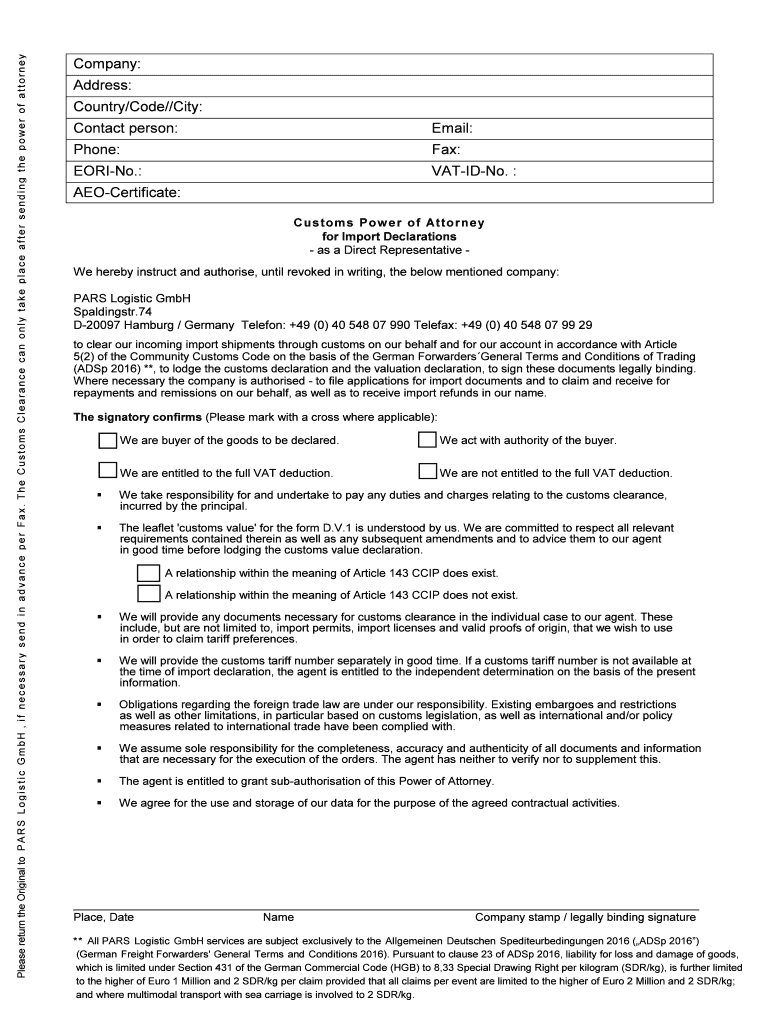 Fillable Online Power of Attorney for import customs declarationpdf Fax ...