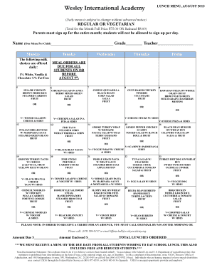 Fillable Online wesleyacademy WIA August 2013 Lunch Menu ...