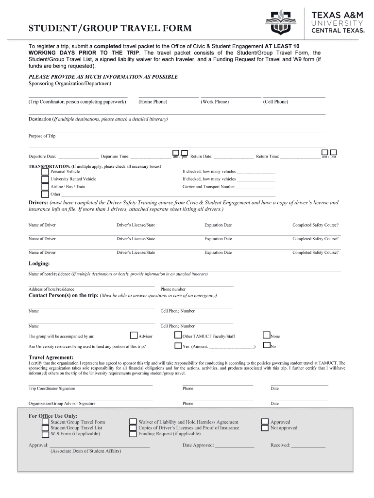 Fillable Online STUDENTGROUP TRAVEL FORM - Blackboard Inc Fax Email ...