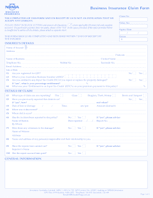 Fillable Online Business Insurance Claim bFormb - NRMA Insurance Fax ...
