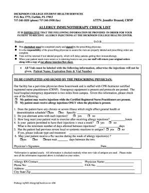 Fillable Online ALLERGY IMMUNOTHERAPY CHECK LIST - Dickinson College ...