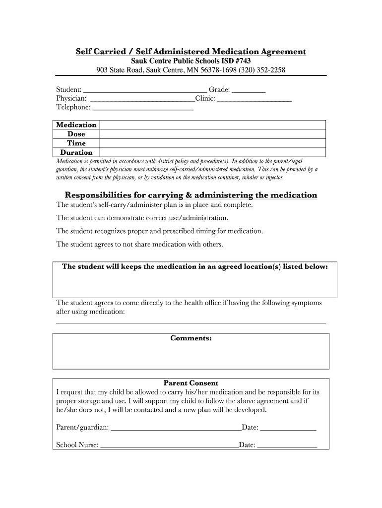 Fillable Online isd743 k12 mn Self Carried Self Administered Medication ...