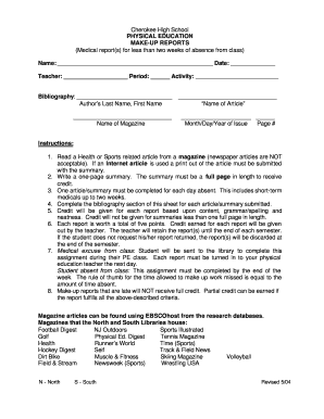 Fillable Online cmcweb lr k12 nj Cherokee High School PHYSICAL EDUCATION MAKE-UP REPORTS Date ...