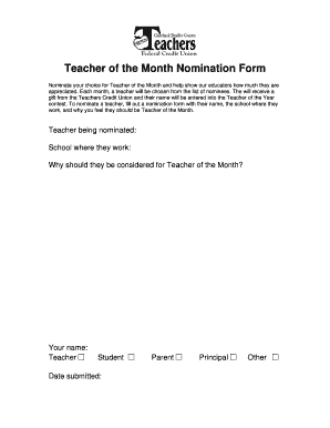Fillable Online Teacher of the Month Nomination Form - CBCTFCU Fax ...