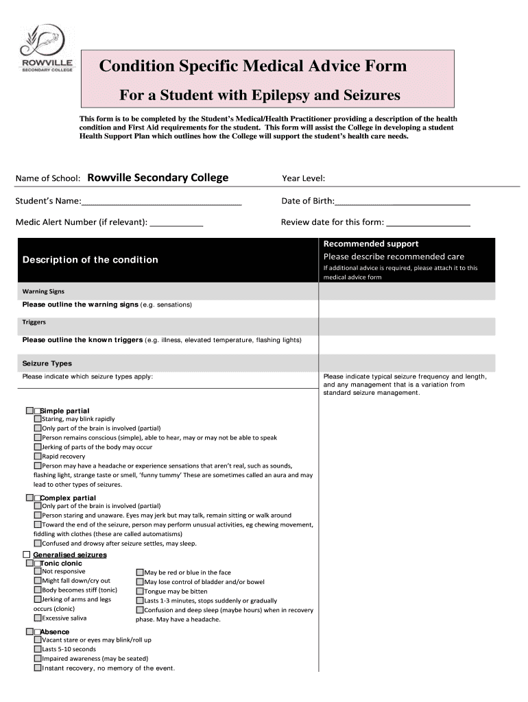 Fillable Online rowvillesc vic edu For a Student with Epilepsy and ...