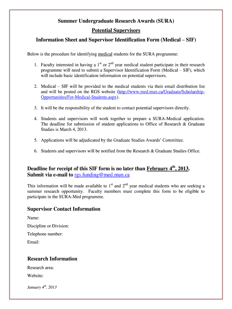 Fillable Online Summer Undergraduate Research Awards (SURA) Potential ...