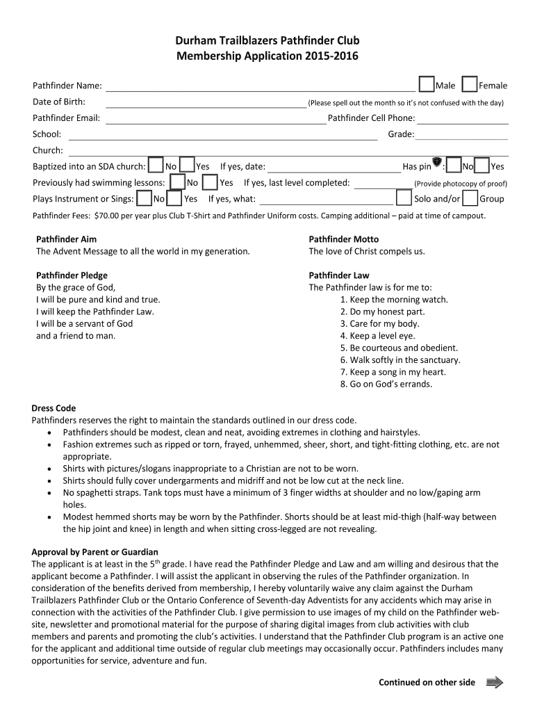 Fillable Online Durham Trailblazers Pathfinder Club Membership ...