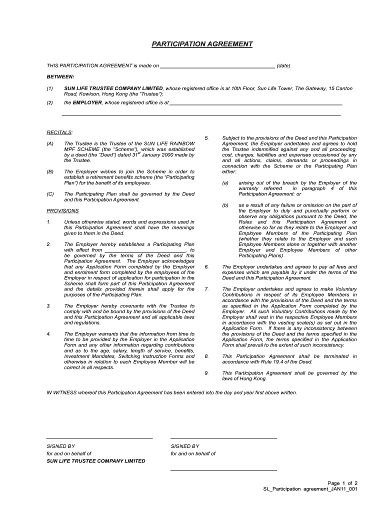Fillable Online PARTICIPATION AGREEMENT - Sun Life Fax Email Print ...
