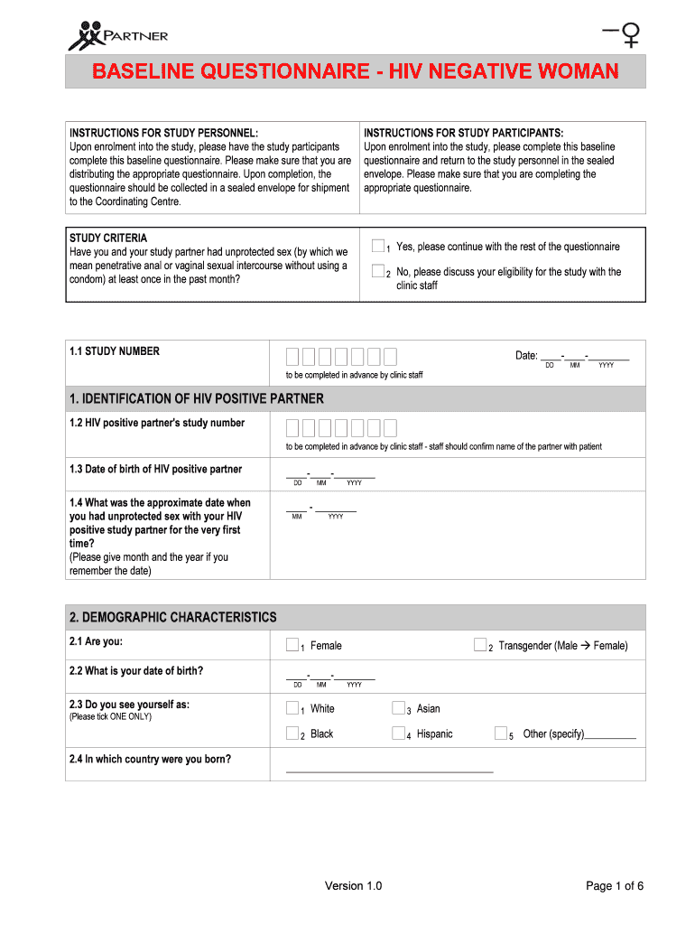 Fillable Online cphiv BASELINE QUESTIONNAIRE HIV NEGATIVE WOMAN - cphiv ...