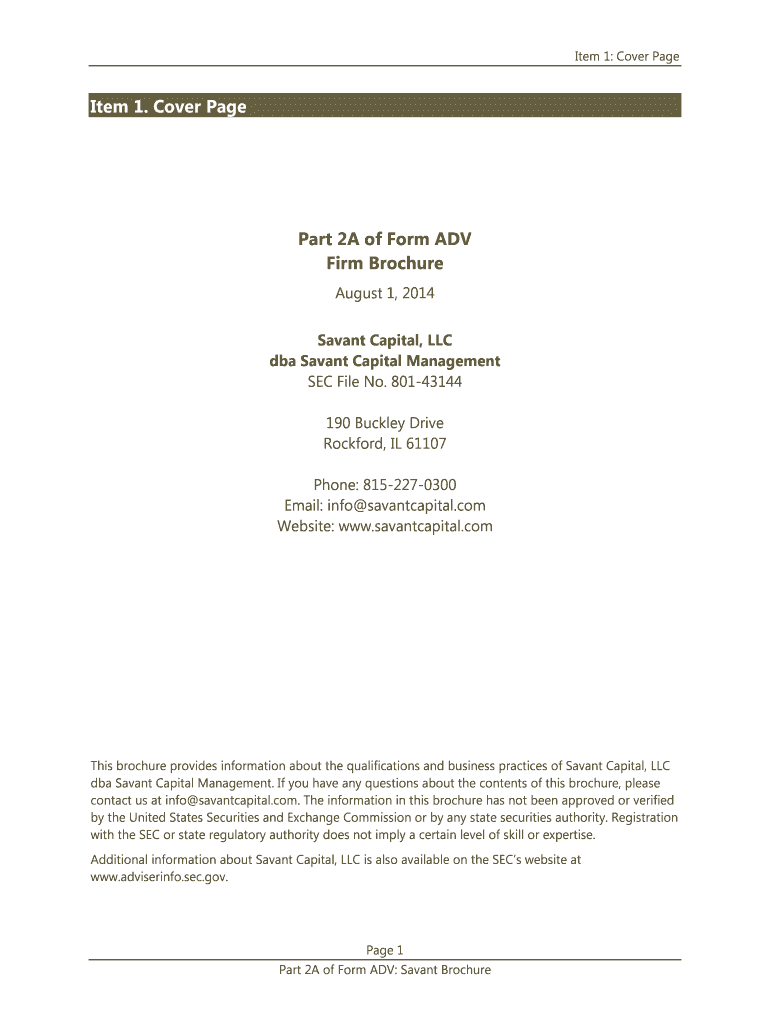 Fillable Online Item 1 Cover Page Part 2A of Form ADV Firm Brochure Fax Email Print - pdfFiller
