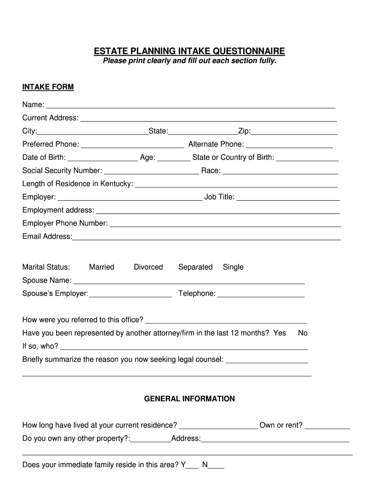 Fillable Online Divorce INTAKE QUESTIONNAIRE Fax Email Print - pdfFiller