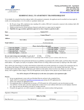 Fillable Online RESIDENCE HALL TO APARTMENT TRANSFER REQUEST Fax Email ...