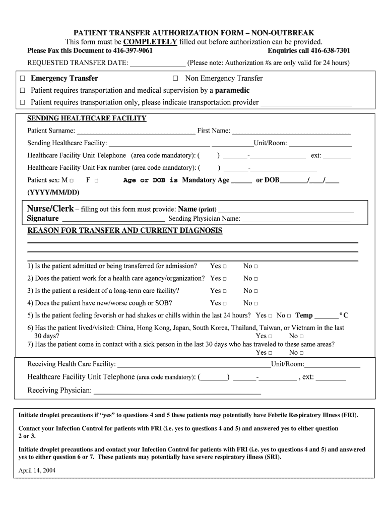 Fillable Online sars medtau PATIENT TRANSFER AUTHORIZATION FORM NON ...